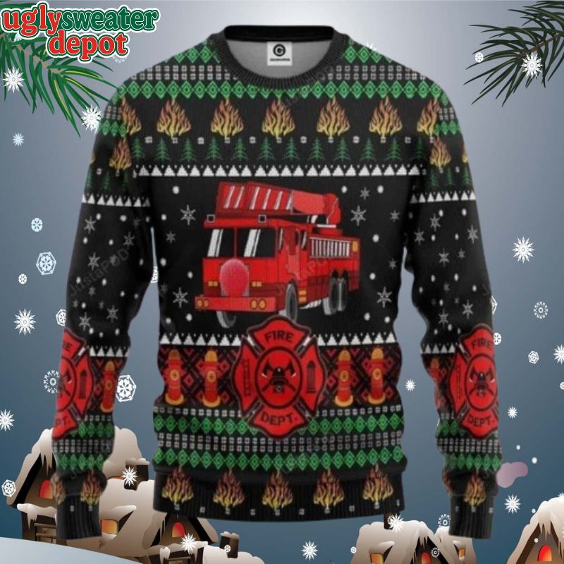 Firefighter Truck Fire Hydrants Ugly Christmas Sweater - Unique and ...